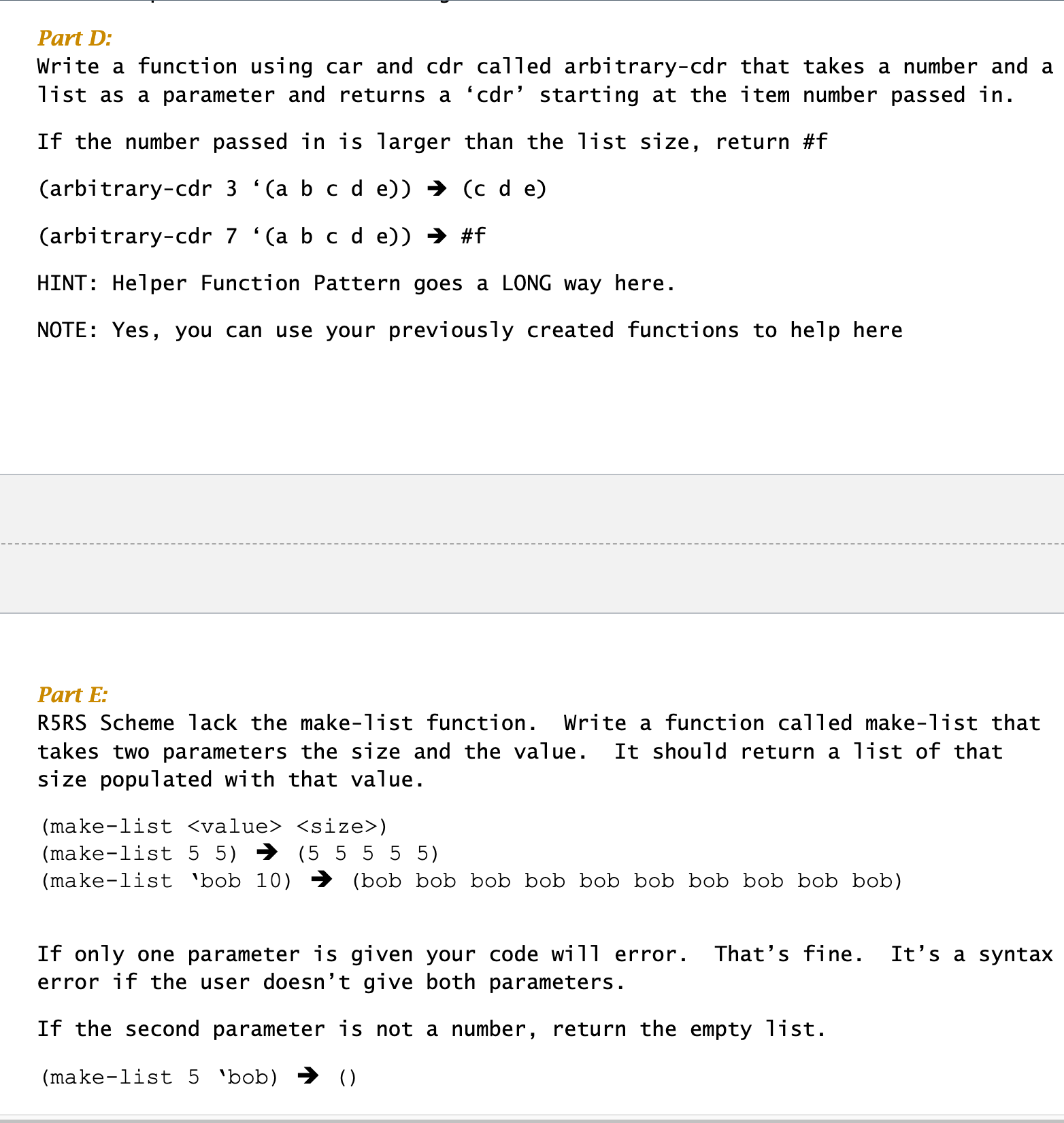 Solved Part E: R5RS Scheme 1ack the make-1ist function. | Chegg.com