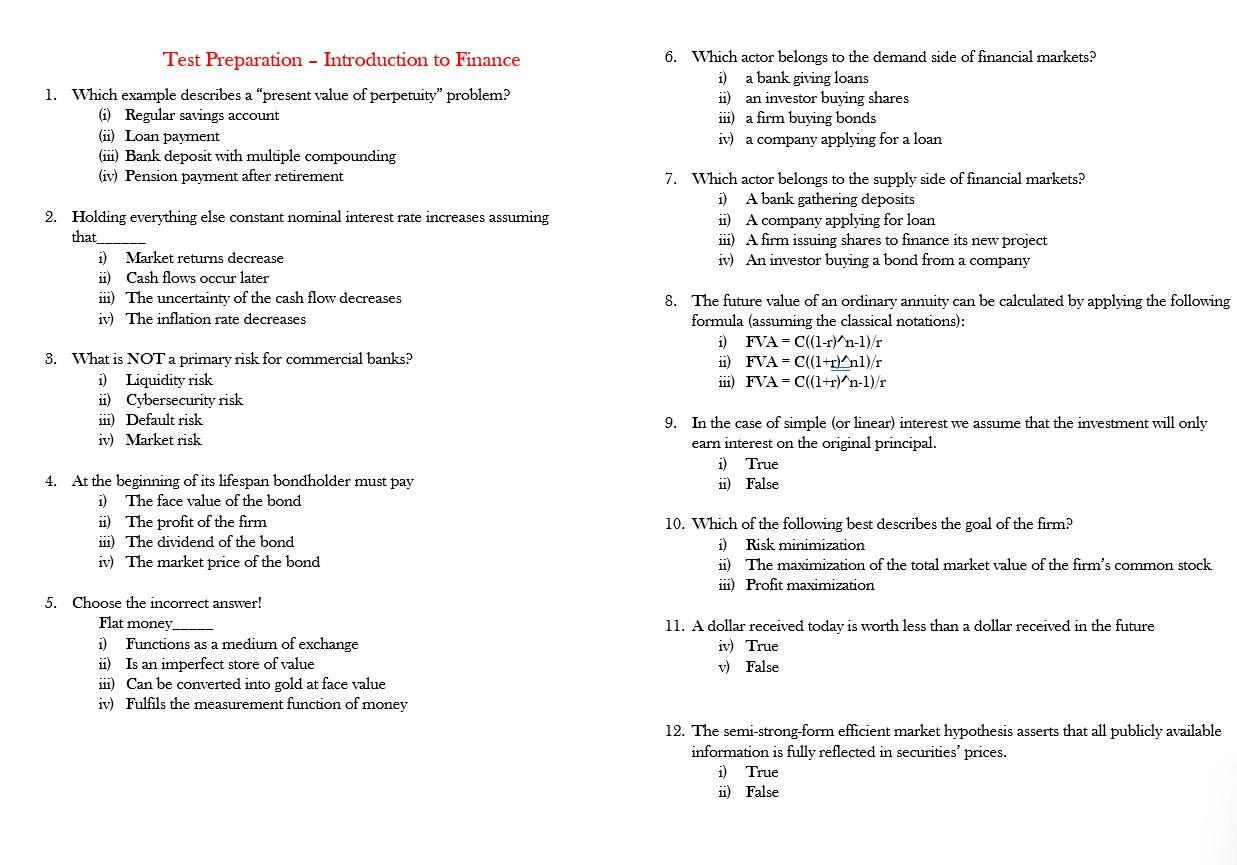 Solved Test Preparation - Introduction to Finance 6. Which | Chegg.com