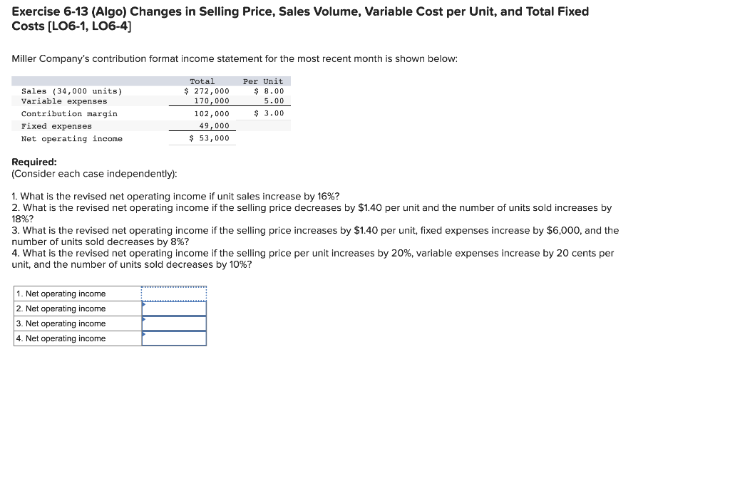Solved Exercise 6-13 (Algo) Changes in Selling Price, Sales | Chegg.com