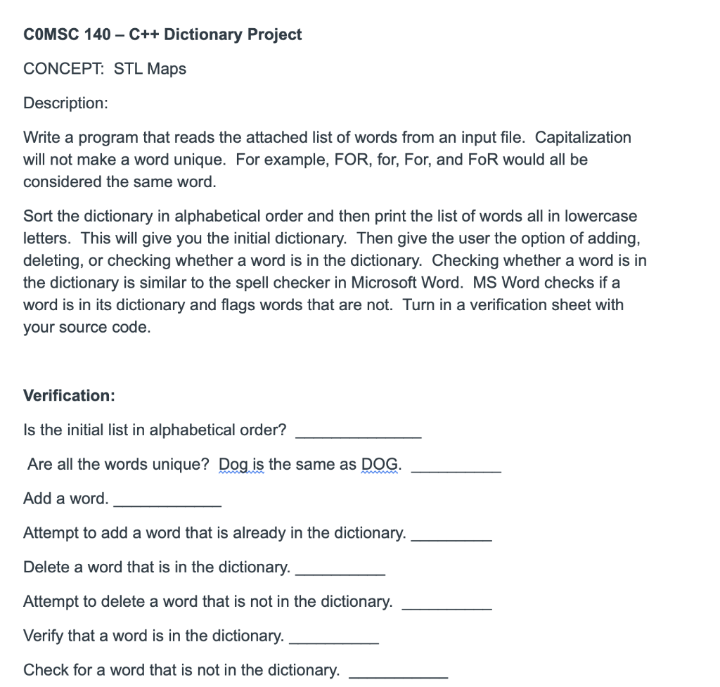 COMSC 140 - C++ Dictionary Project CONCEPT: STL Maps | Chegg.com