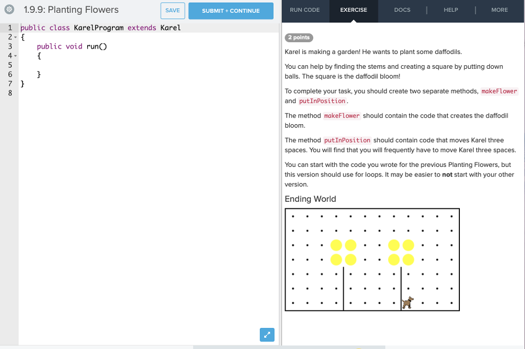 1.9.9: Planting Flowers SAVE SUBMIT+CONTINUE RUN CODE | Chegg.com