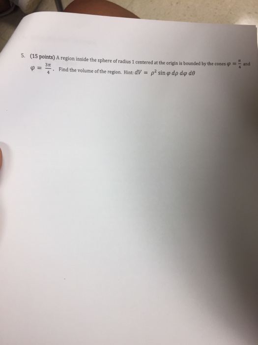 Solved A region inside the sphere of radius 1 centered at | Chegg.com