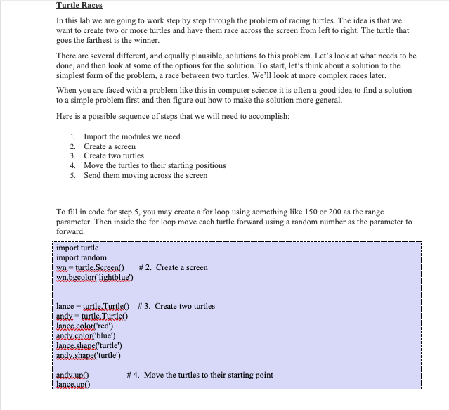 Solved Turtle Races In this lab we are going to work step by | Chegg.com