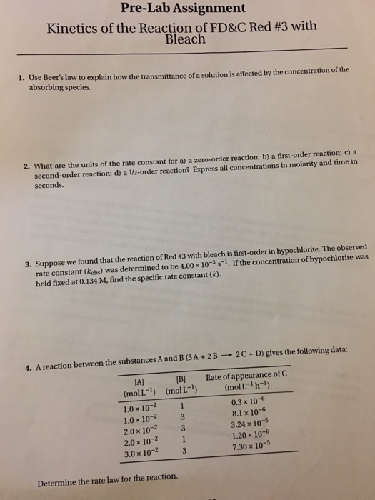 Solved Pre-Lab Assignment Kinetics of the Reaction of FD&C | Chegg.com