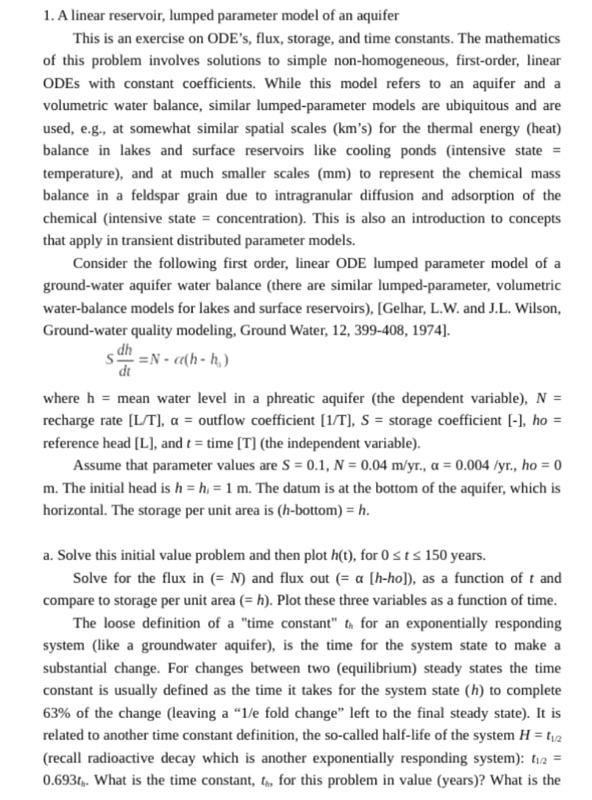 1. A linear reservoir, lumped parameter model of an | Chegg.com
