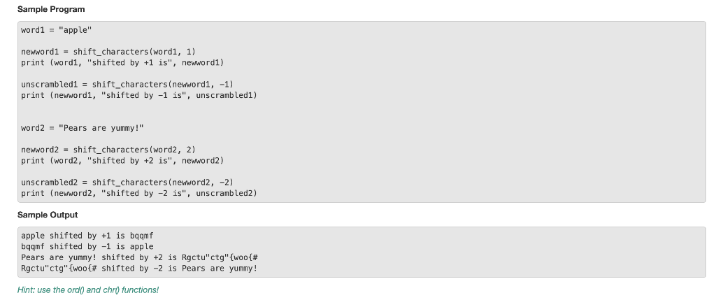 Solved Part 3c Write a function called 'shift_characters" | Chegg.com