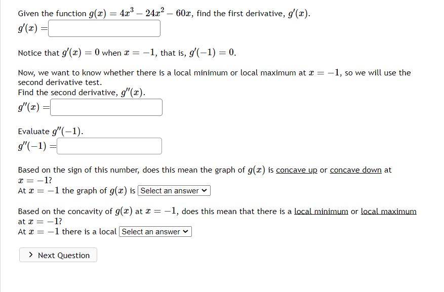 Solved Given the function g(x)=4x3−24x2−60x, find the first | Chegg.com