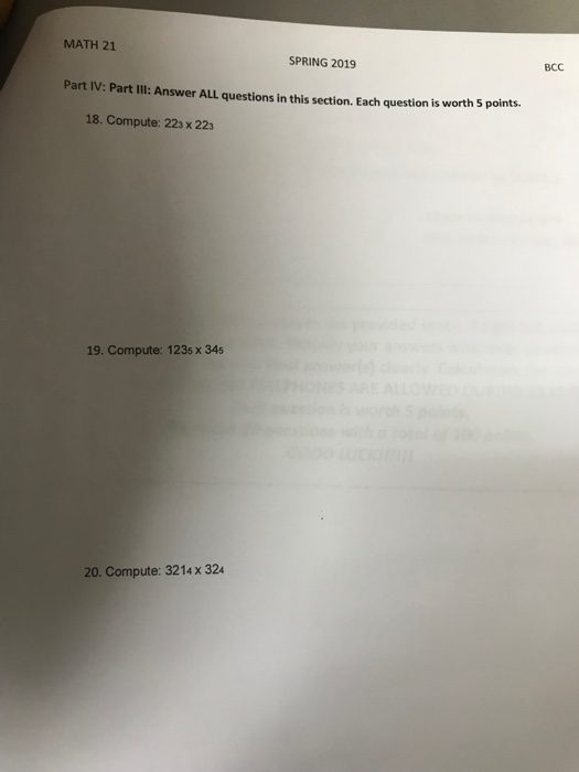 Solved MATH 21 SPRING 2019 BCC Part IV: Part IlIl: Answer | Chegg.com