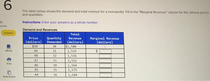 Solved 6 The table below shows the demand and total revenue | Chegg.com