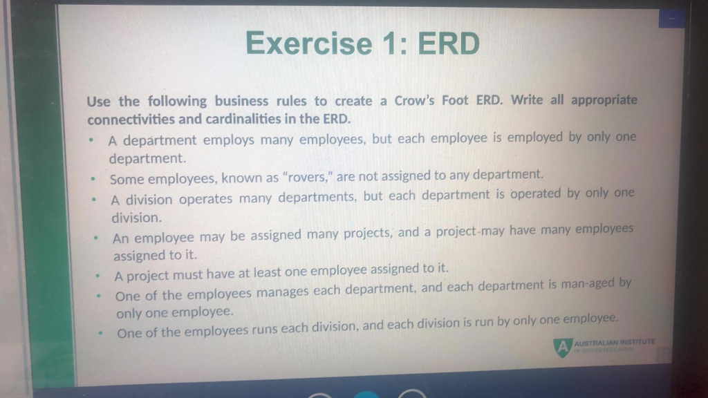Solved Exercise 1: ERD . Use the following business rules to | Chegg.com