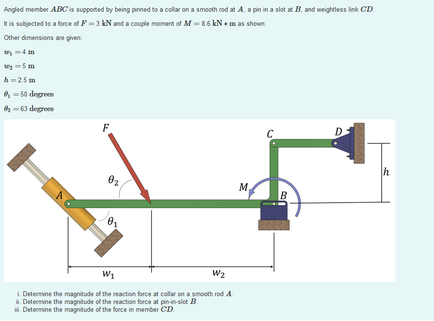 Solved Angled member ABC is supported by being pinned to a | Chegg.com