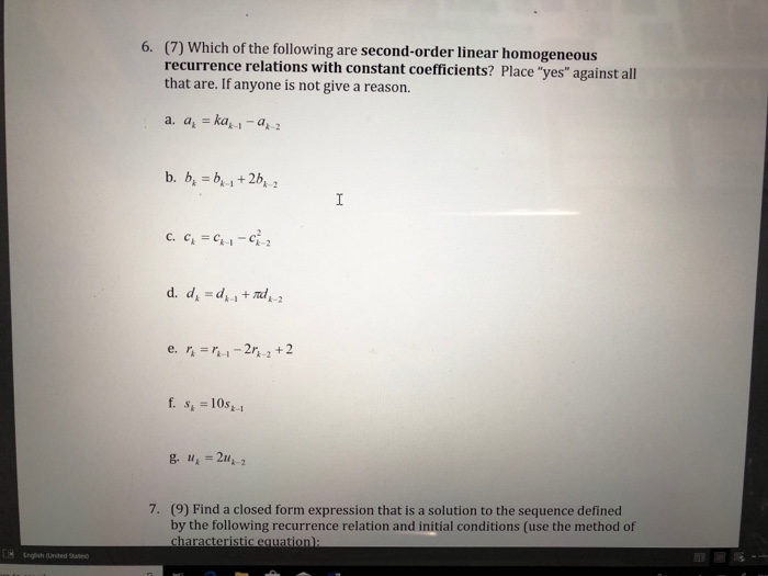 Solved (7) Which of the following are second-order linear | Chegg.com