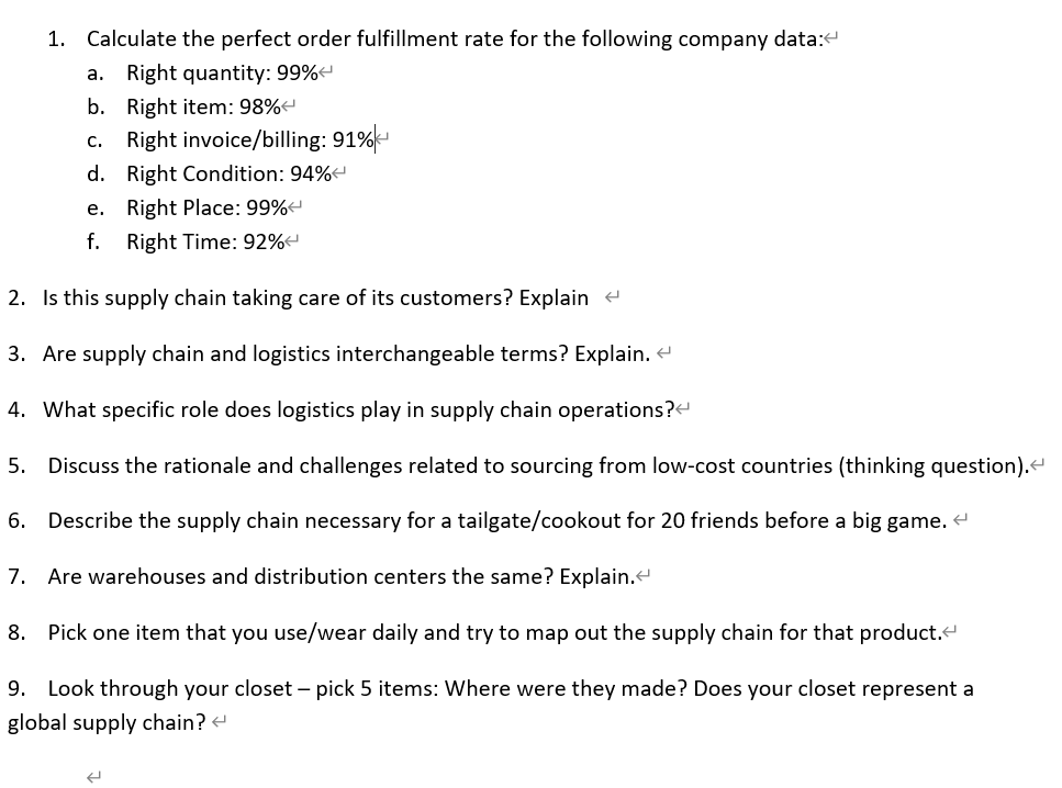 Solved 1. Calculate the perfect order fulfillment rate for | Chegg.com