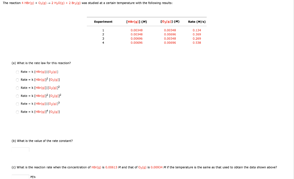 Solved The reaction 4 HBr(g)O2g) 2 H20(g)2 Br2(g) was | Chegg.com