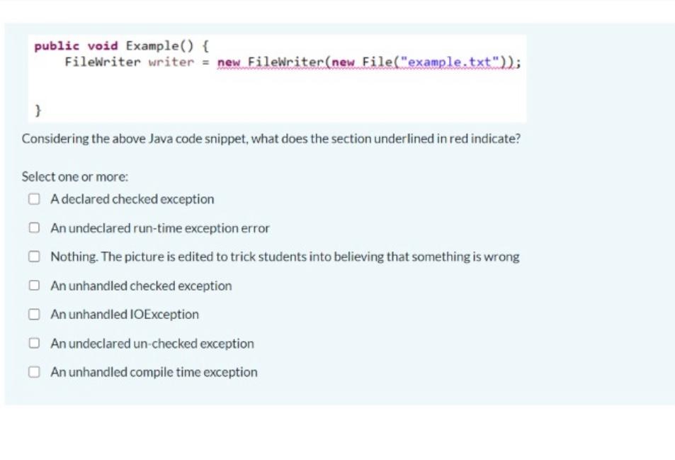 Solved public void Example() \{ FileWriter writer = new | Chegg.com