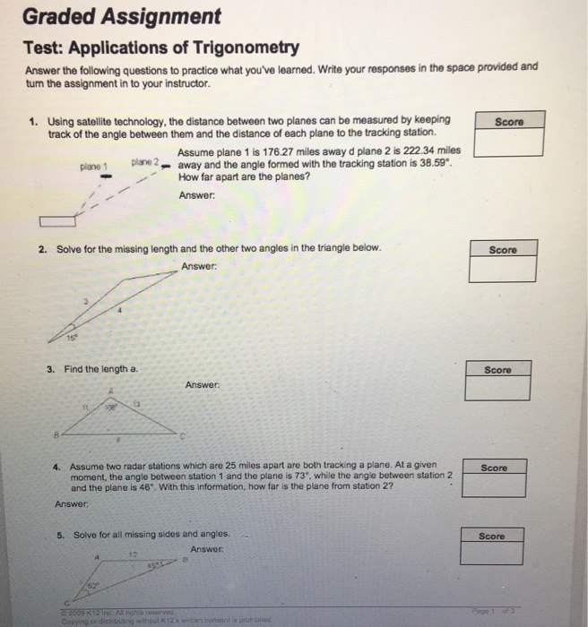 Solved Graded Assignment Test: Applications of Trigonometry | Chegg.com