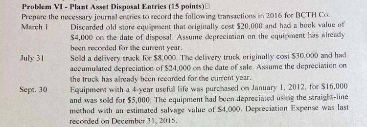 Solved Problem VI - Plant Asset Disposal Entries (15 points) | Chegg.com