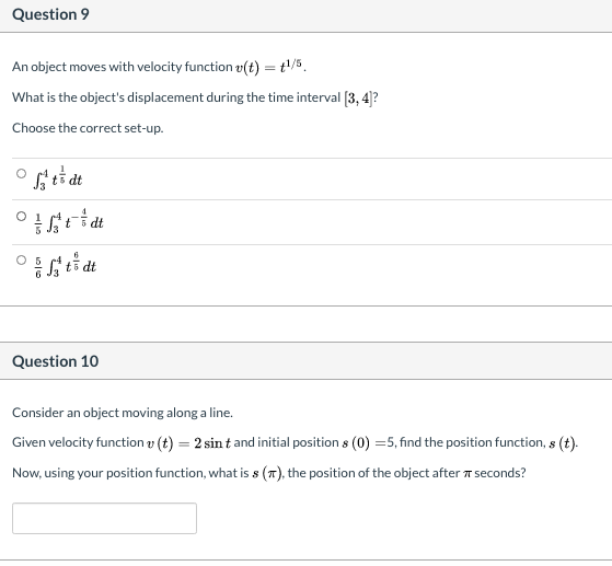 Solved Question 9 An object moves with velocity function | Chegg.com