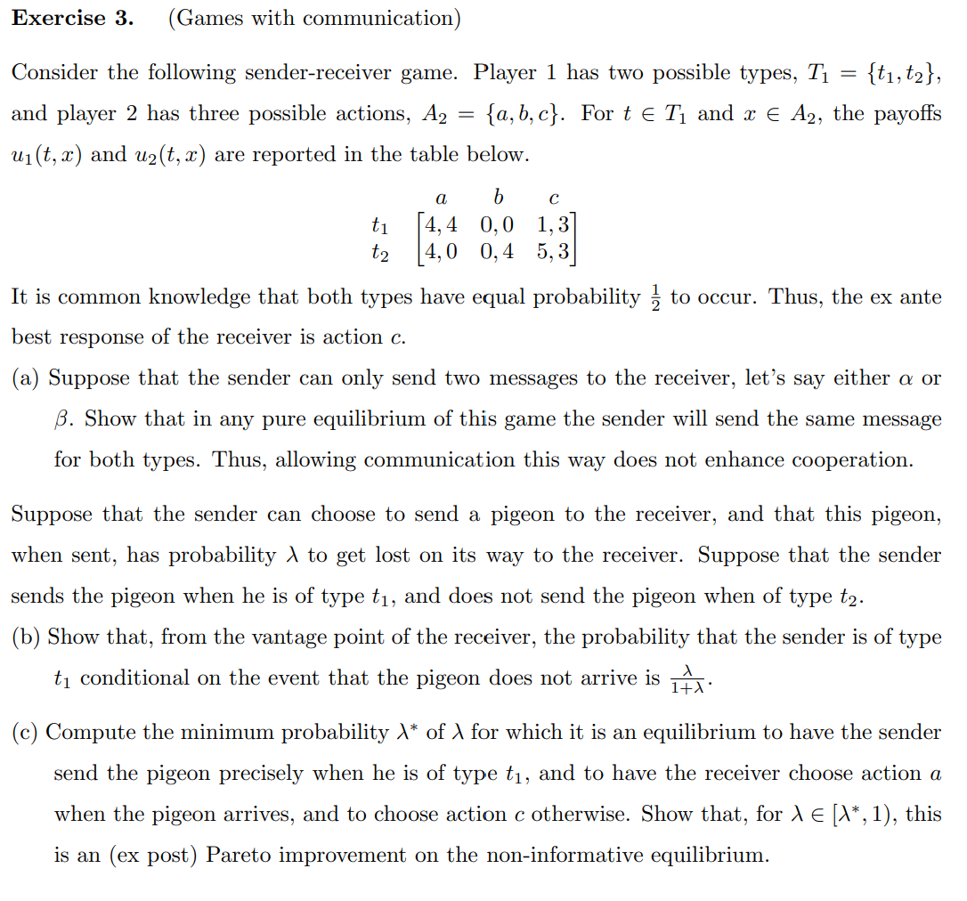 Exercise 3. (Games with communication) a с Consider | Chegg.com