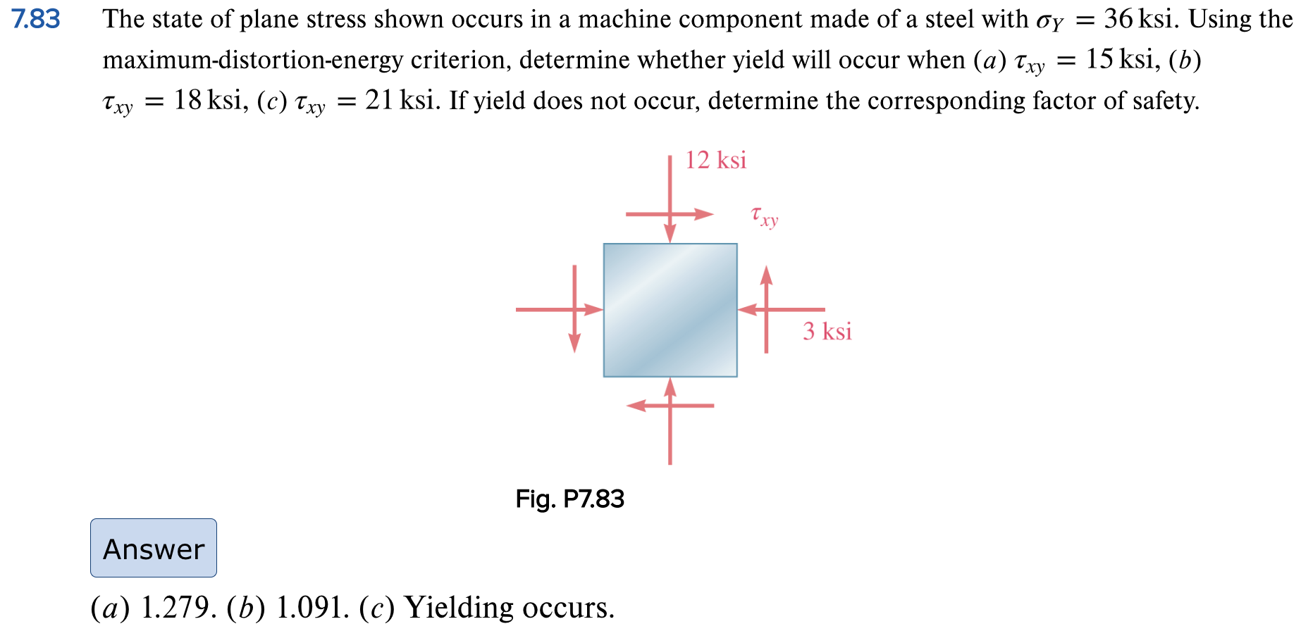 Solved 83 The state of plane stress shown occurs in a | Chegg.com