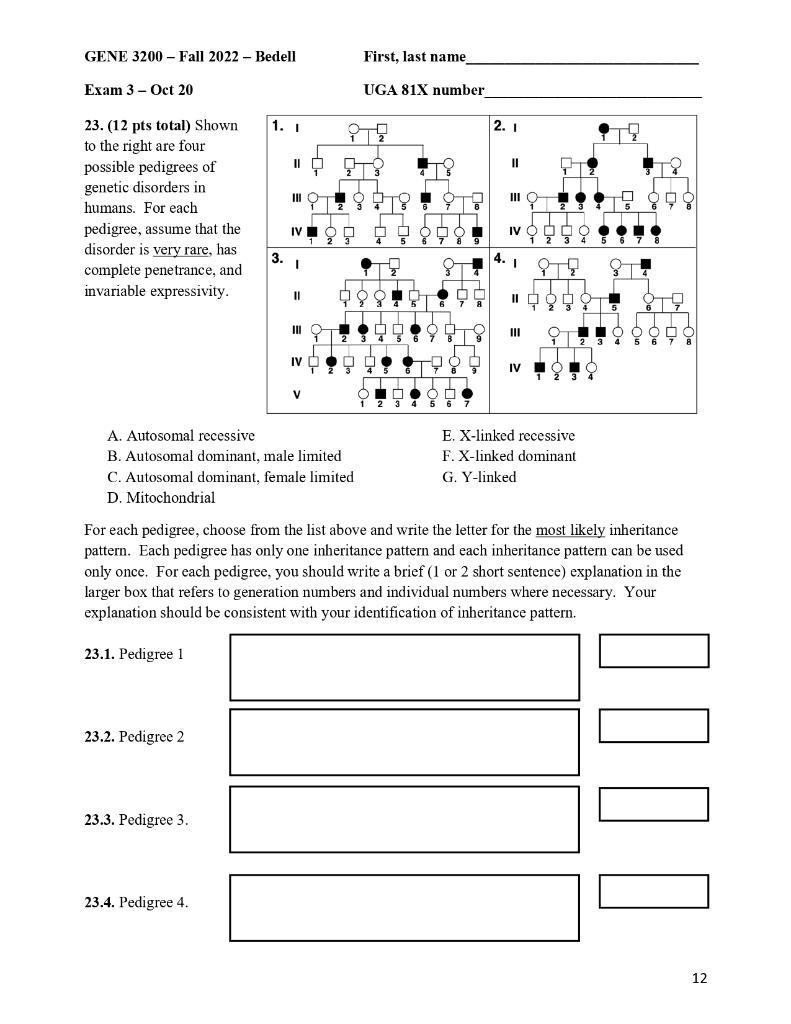 GENE 3200 - Fall 2022 - Bedell First, last name Exam | Chegg.com
