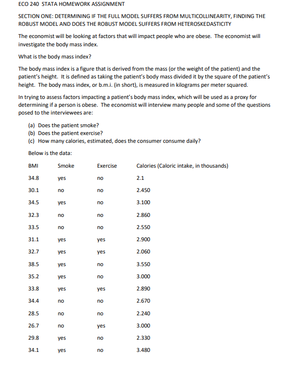ECO 240 STATA HOMEWORK ASSIGNMENT SECTION ONE: | Chegg.com