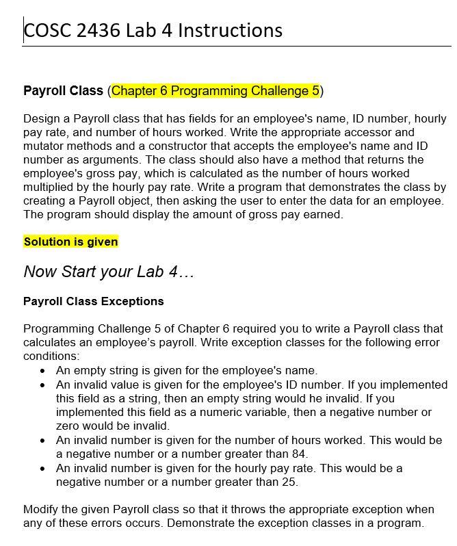 Solved | COSC 2436 Lab 4 Instructions Payroll Class (Chapter | Chegg.com
