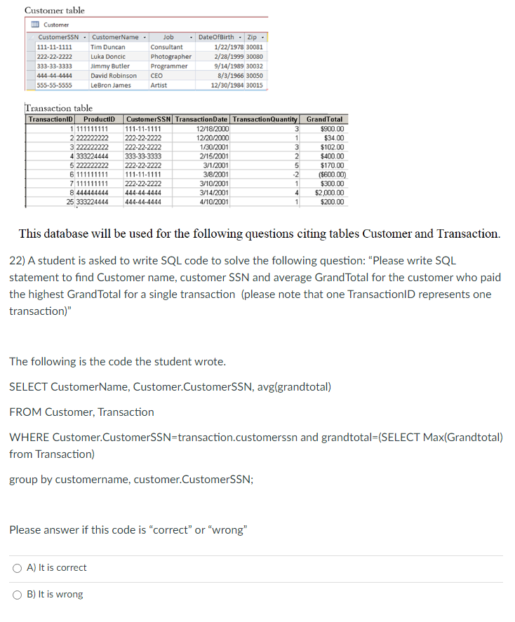 Solved Customer table This database will be used for the | Chegg.com