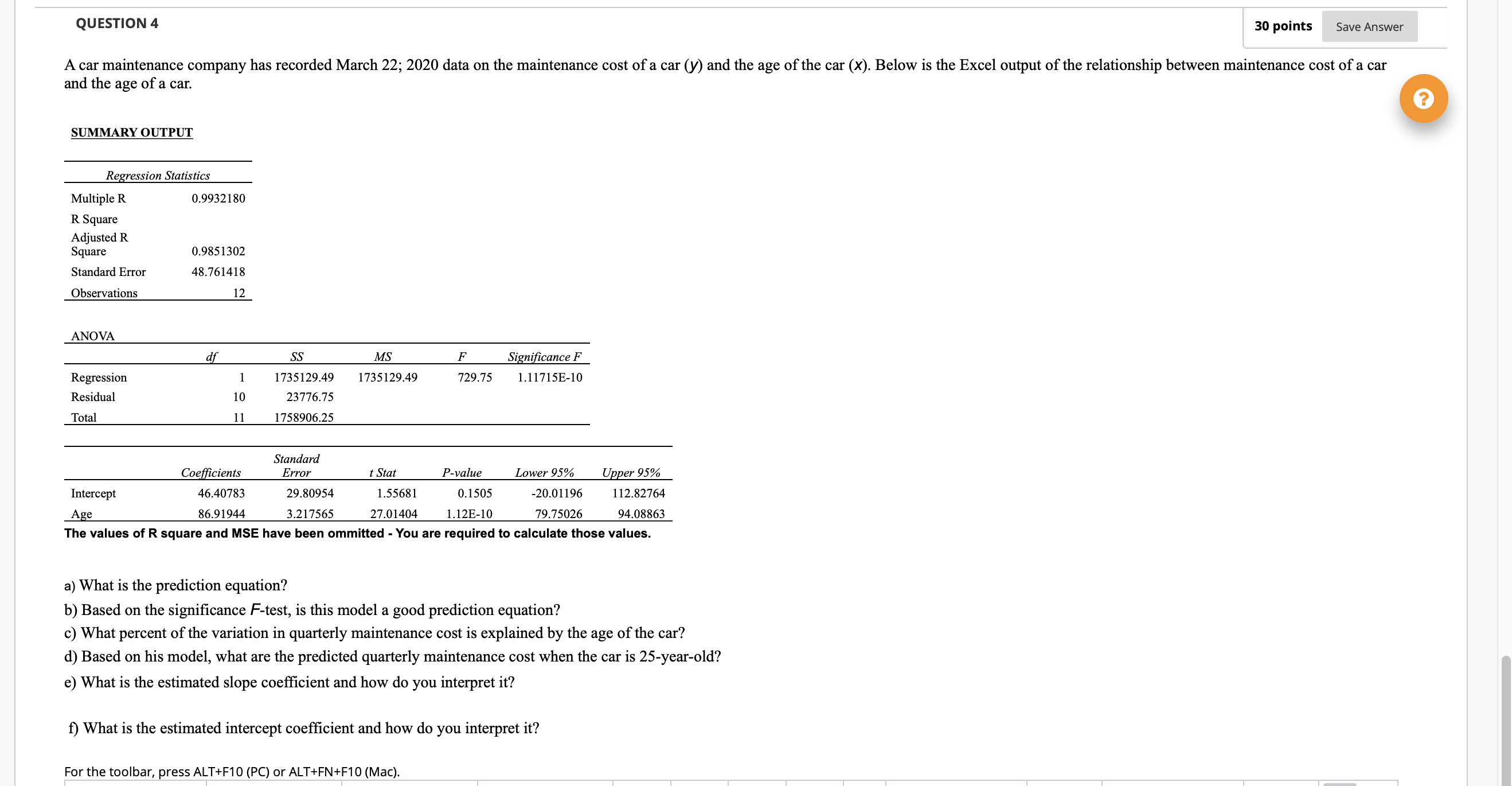 Solved and the age of a car. SUMMARY OUTPUT ANOVA The values | Chegg.com
