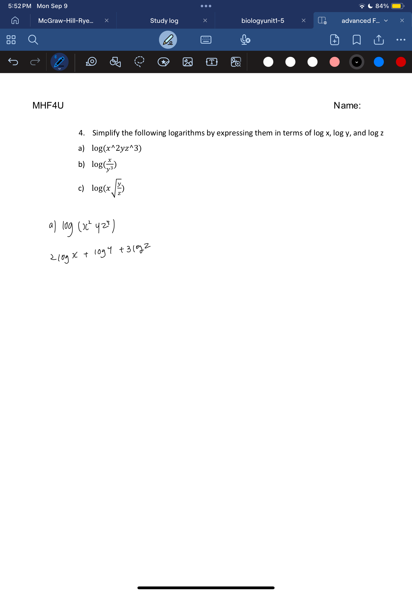 Solved Simplify the following logarithms by expressing them | Chegg.com
