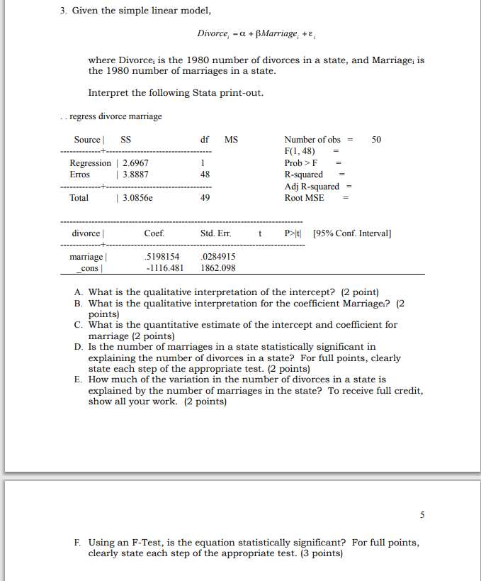 Solved 3. Given the simple linear model, Divorce, -a | Chegg.com