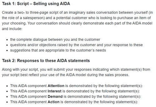 Solved Task 1: Script - ﻿Selling using AIDACreate a two- ﻿to | Chegg.com