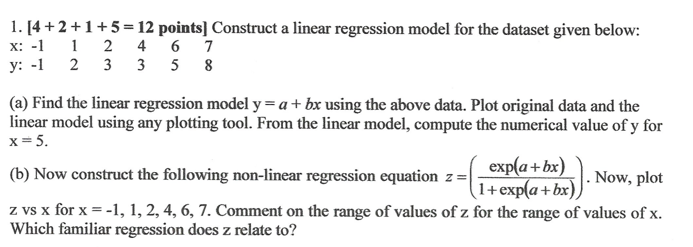 Solved 1. [4 +2+1+5=12 points] Construct a linear regression | Chegg.com