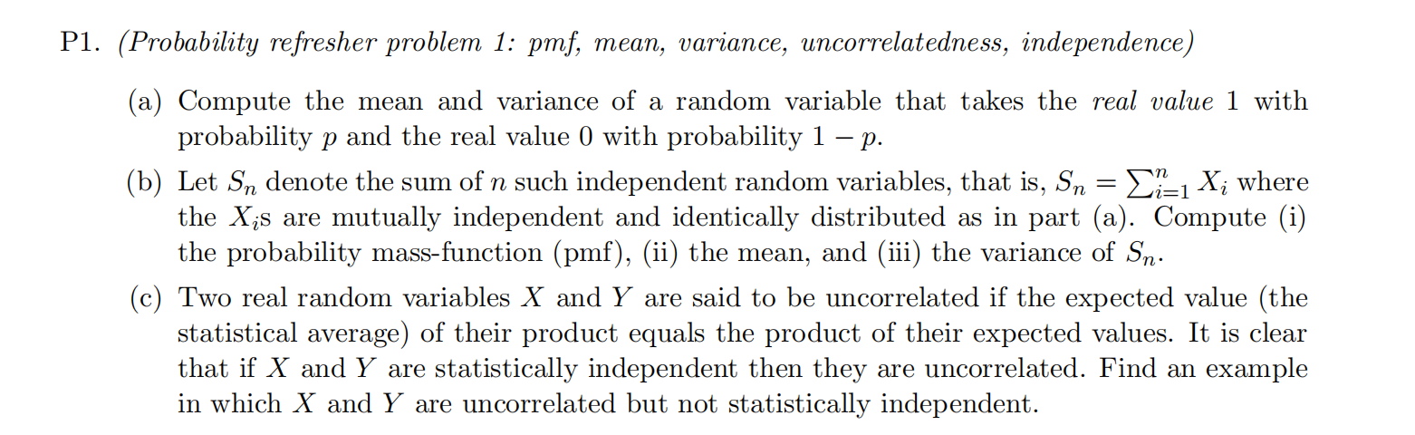 Solved P1. (Probability refresher problem 1: pmf, mean, | Chegg.com