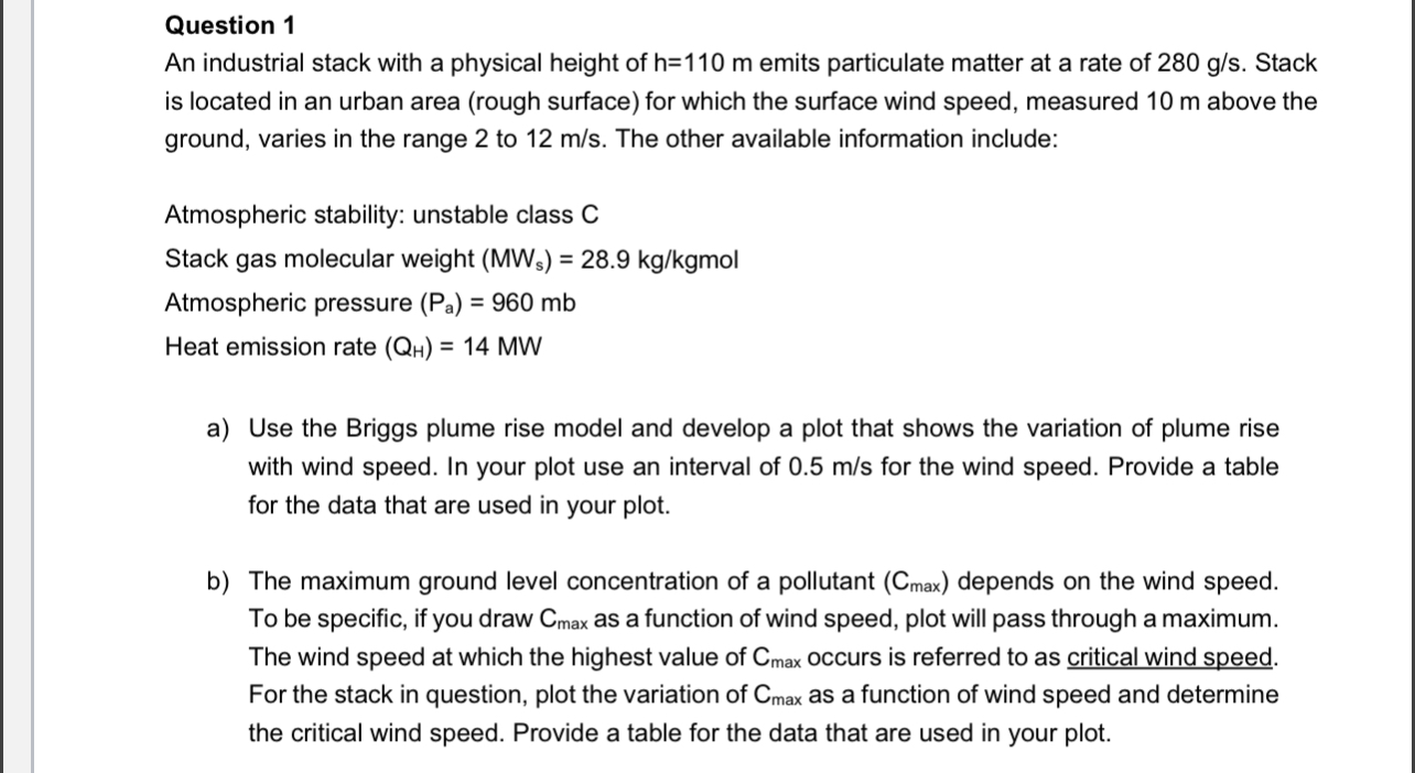 Solved An industrial stack with a physical height of h=110 m | Chegg.com