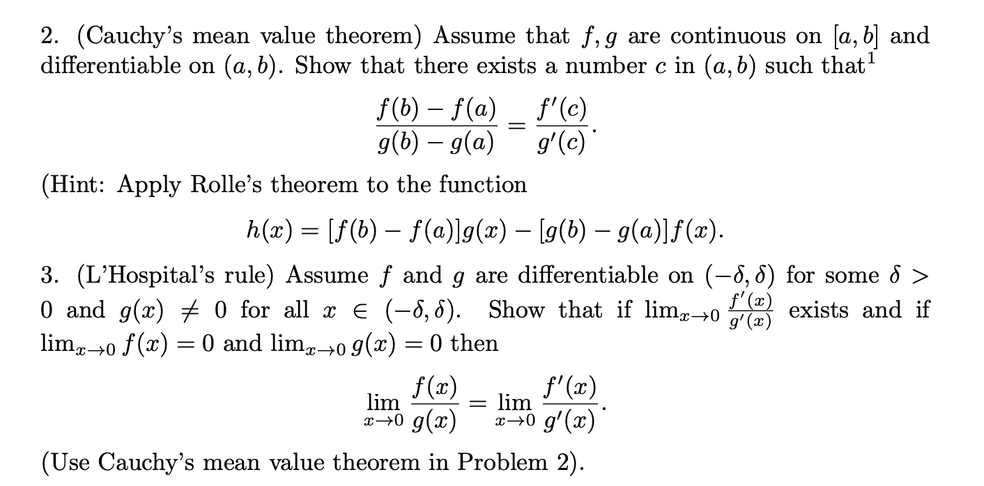 Solved 2. (Cauchy's mean value theorem) Assume that f,g are | Chegg.com