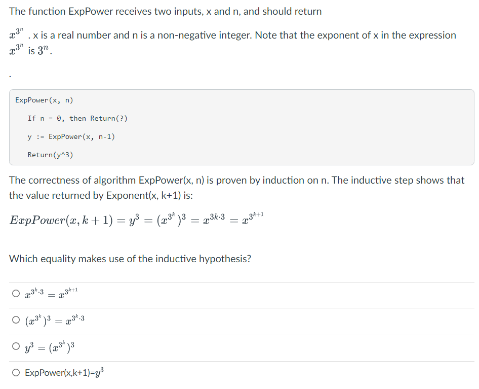 Solved The function ExpPower receives two inputs, x and n, | Chegg.com