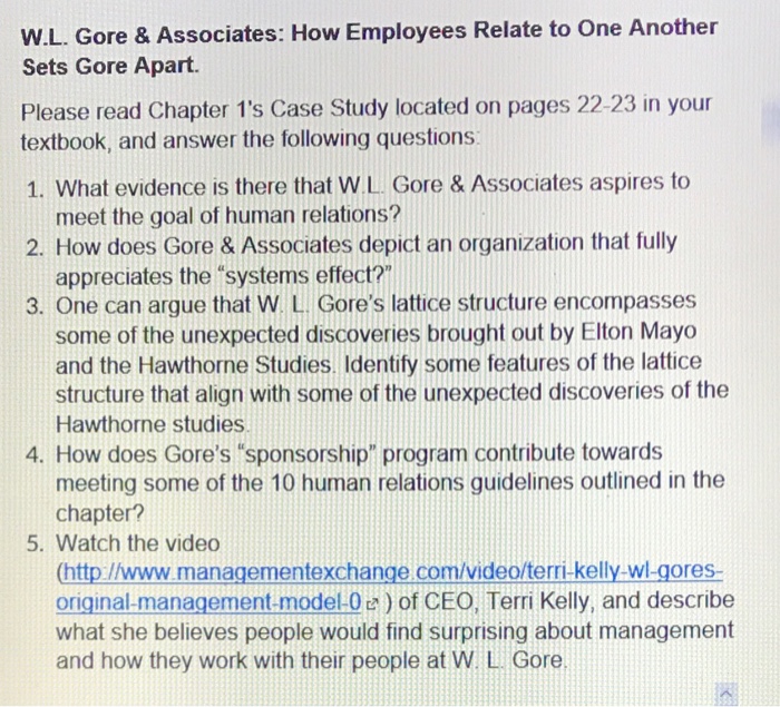 W.L. Gore & Associates: How Employees Relate to One | Chegg.com
