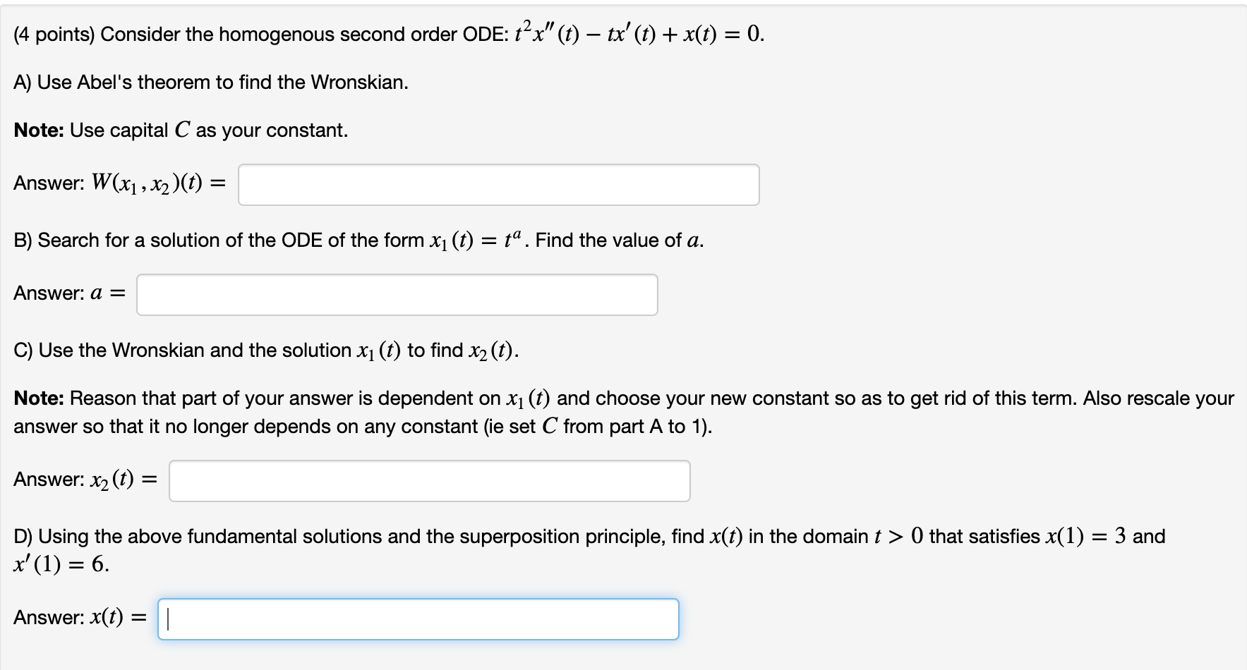 Solved (4 points) Consider the homogenous second order ODE: | Chegg.com