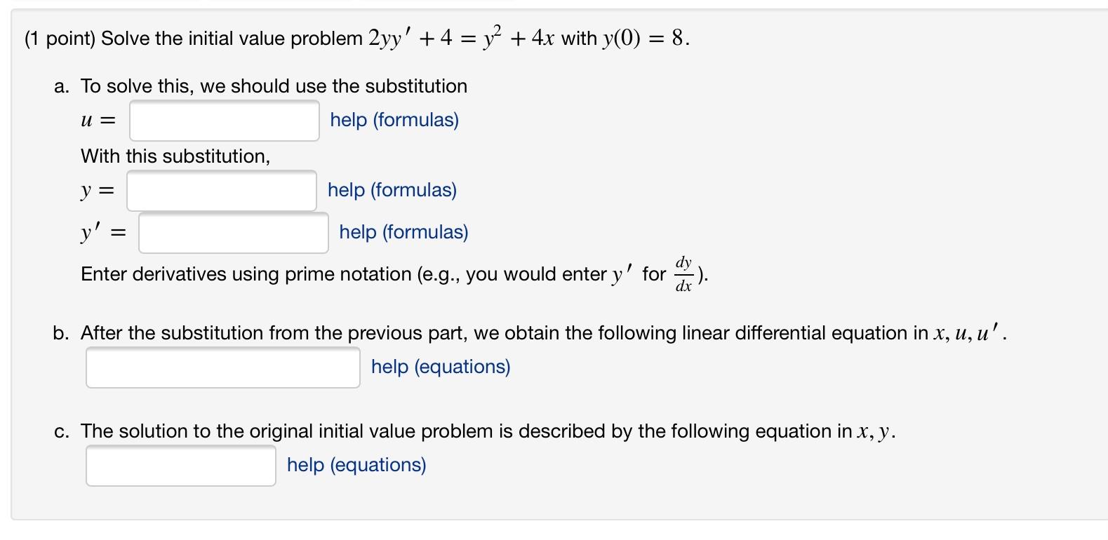 Solved (1 point) Solve the initial value problem 2yy' + 4 = | Chegg.com