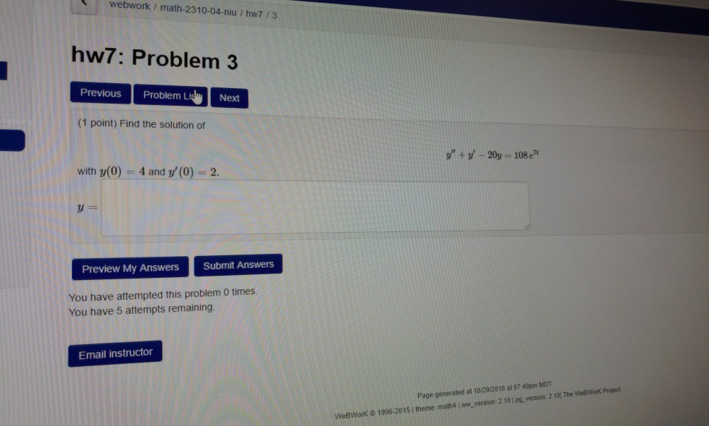 Solved webwork / math-2310-04-niu / hw7 / 3 hw7: Problem 3 | Chegg.com
