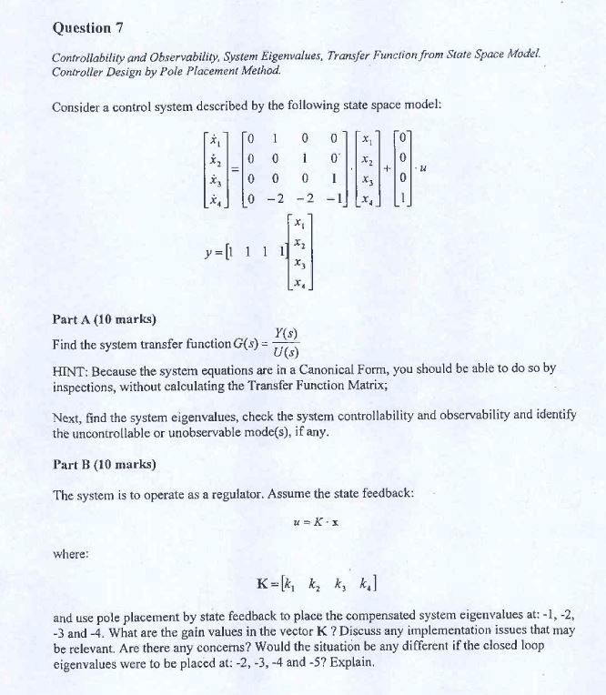 Question 7 Controllability and Observability, System | Chegg.com