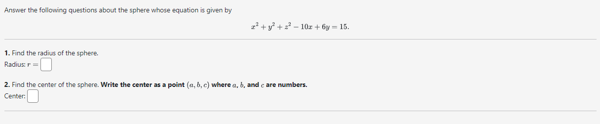 Solved Answer the following questions about the sphere whose | Chegg.com