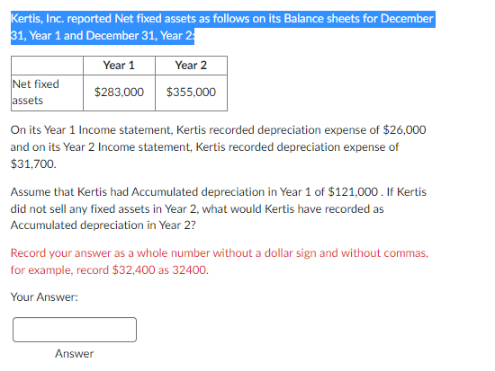 Solved Kertis, Inc. reported Net fixed assets as follows on | Chegg.com