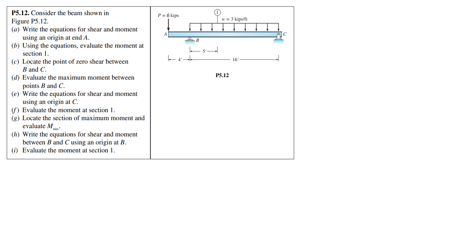 Solved P=6 kips w = 3 kips/ft A 2B 5 4- 16 P5.12 P5.12. | Chegg.com