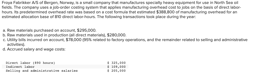 Solved Froya Fabrikker A/S of Bergen, Norway, is a small | Chegg.com