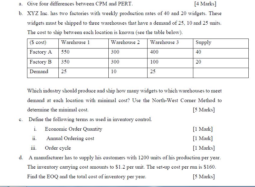 a. ﻿Give four differences between CPM and PERT.b. | Chegg.com