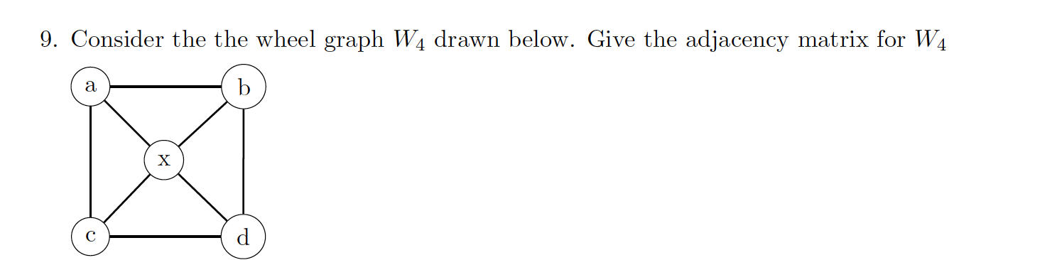 Solved 9. Consider the the wheel graph W4 drawn below. Give | Chegg.com