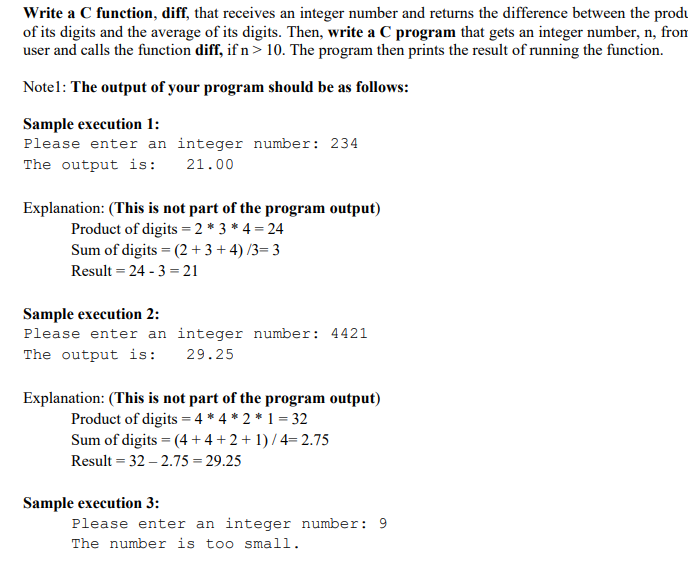 Solved Write a C function, diff, that receives an integer | Chegg.com