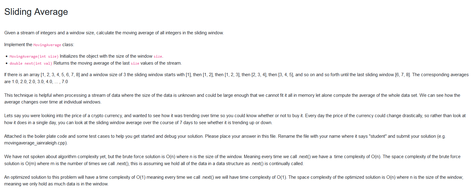 Solved Sliding Average Given a stream of integers and a | Chegg.com